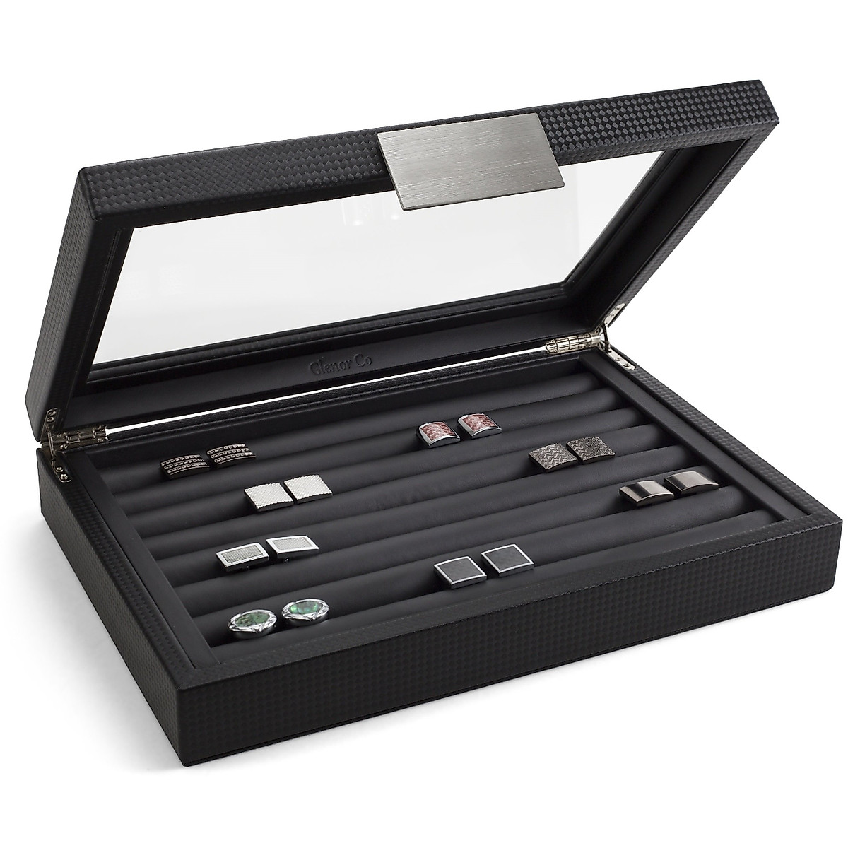 Glenor Co Cufflink Box for Men - Holds 70 Cufflinks - Luxury Display Jewelry Case -Carbon Fiber Design - Metal Buckle Holder, Large Glass Top - Black