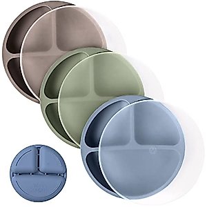 WeeSprout Non-Suction Silicone, Plastic Dishware Plate (With Lids), Food Grade for Toddlers, Kids, Dishwasher and Microwave Safe (Matte Dark Grey, Blue & Green, 3 Count (Pack of 1))