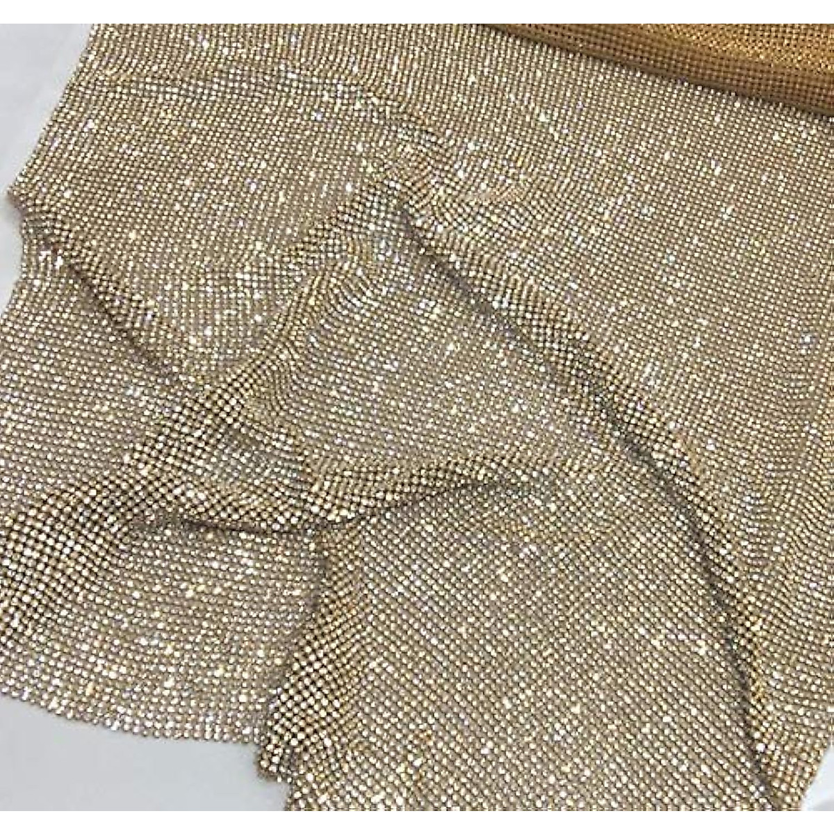 Creativesugar Craft Material Metal Sequin Mesh Fabric Cuttable for Clothing Bag Making Party Shoes Decorations (Gold Rhinestones)