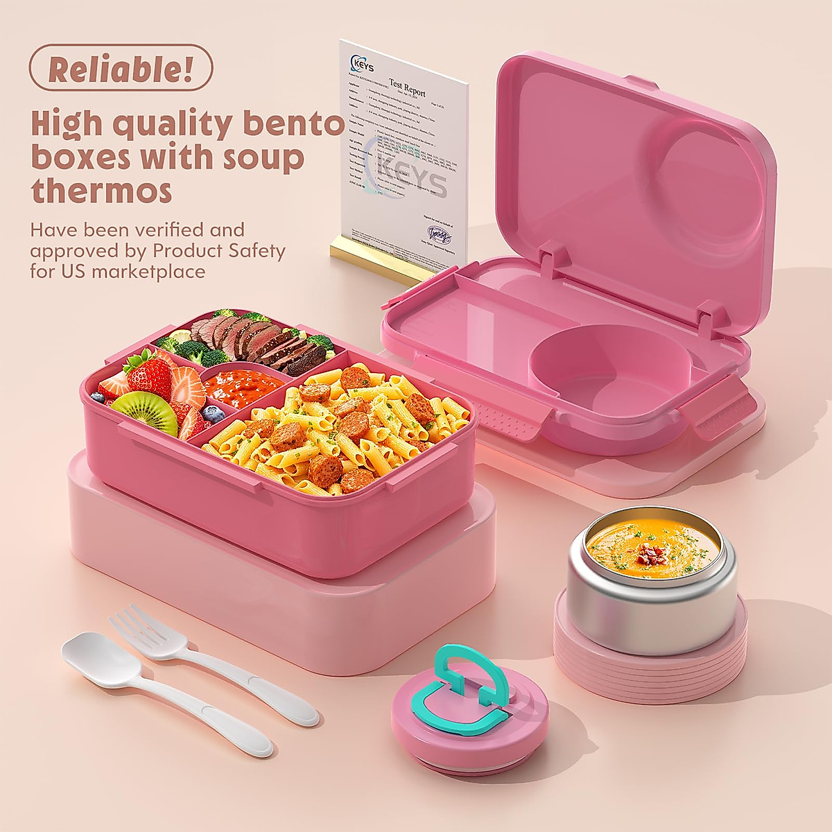DaCool Lunch Box Kids Bento Box 7.5 Cups with 4-Compartment Leakproof BPA Free Toddler Girls Lunch Containers with Fork Spoon for Meal Snack On-the-Go School Picnic, Microwave Dishwasher Safe, Pink