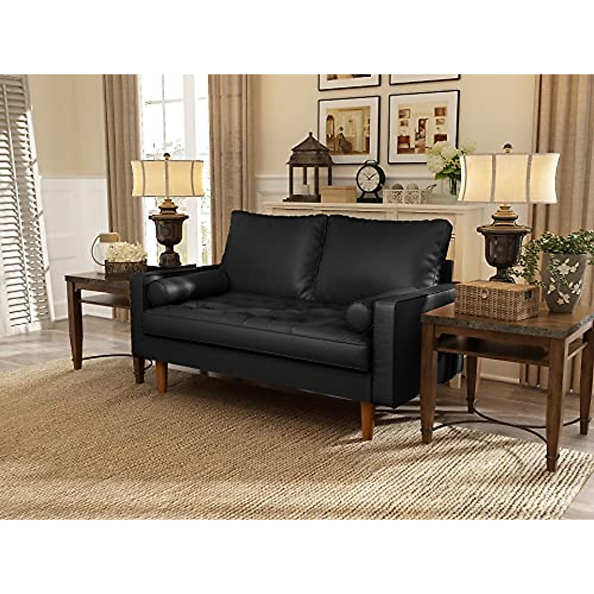 Meeyar 58" PVC loveseat, Couch for Small Apartment and Living Room,Solid Wood Frame Legs, Easy Assembly,Square Arms,31.7" D x 57.9" W x 33" H (Black, 58")