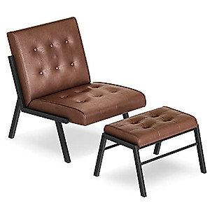 AWQM Accent Chair with Ottoman,Faux Leather Living Room Chair,Upholstered Single Sofa Chair Set with Metal Legs, Button Tufted Lounge Chair with Footrest, Reading Chair for Bedroom Office,Brown