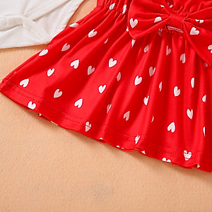 Baby Girls My First Valentine's Day Outfit Ruffles Long Sleeve Romper + Heart Suspenders Skirt Set(White, 6-9Months)