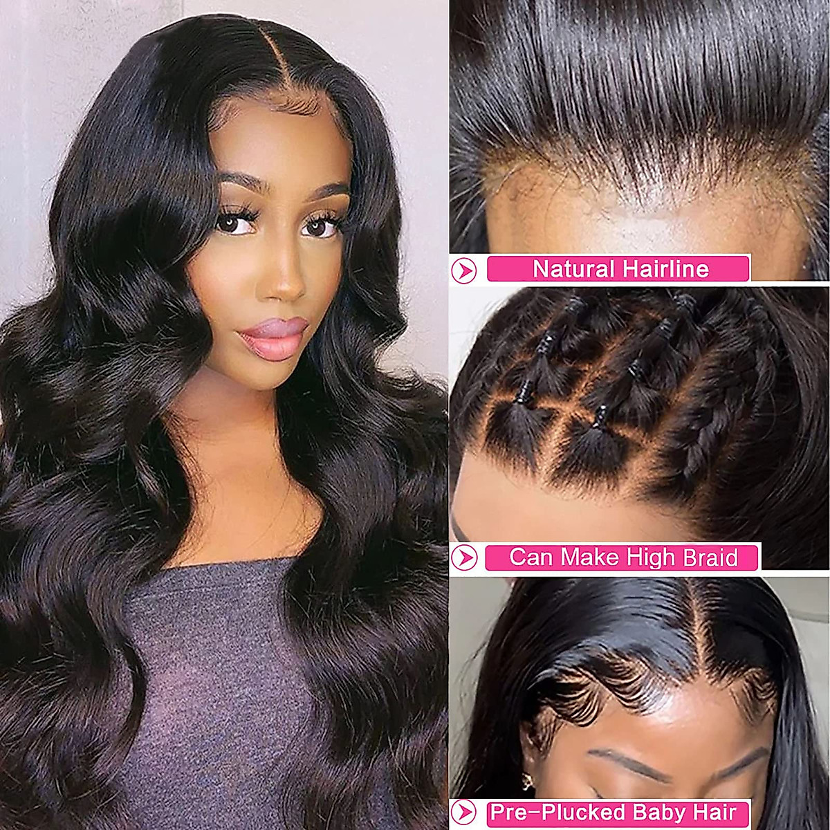 Siji Mei Body Wave Lace Front Wigs Human Hair for Black Women 13x4 Frontal Wigs Human Hair Pre Plucked with Baby Hair 150% Density Brazilian Body Wave Lace Front Human Hair Wigs Natural Black 16 Inch