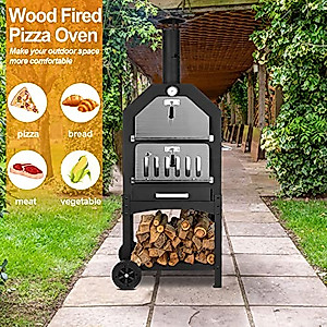 Outdoor Pizza Oven Wood Fired Pizza Oven Patio Portable Pizza Maker Cooking Grill with Wheels Waterproof Cover for Backyard Camping