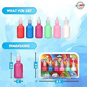 Playkidiz Puff Paint, 6 Pack 3-D Fabric Paint, Metallic Colors, Permanent Non-toxic Paint Set for Kids, Ages 3+