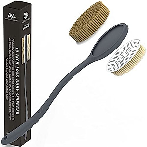 Avilana Shower Body Brush with Long Curved Handle, Long Silicone Handle Back Scrubber With Dual-Sided Long Handle Bath Shower Brush with Soft and Stiff Bristles (Long Handle-Dark Gray)