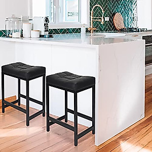 ErgoDesign 26 Inches Saddle Stools, Metal Frame Bar Stools, Pu Leather Bar Chairs, Black, Set of 2