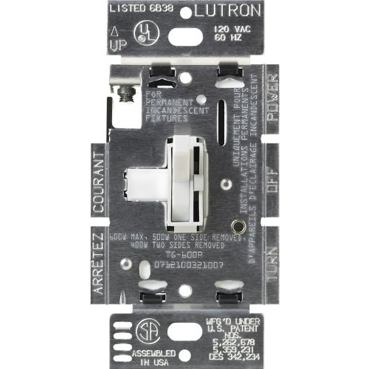 Lutron Toggler Incandescent 600-Watt Single-Pole Dimmer Switch, TG-600PH-WH, White