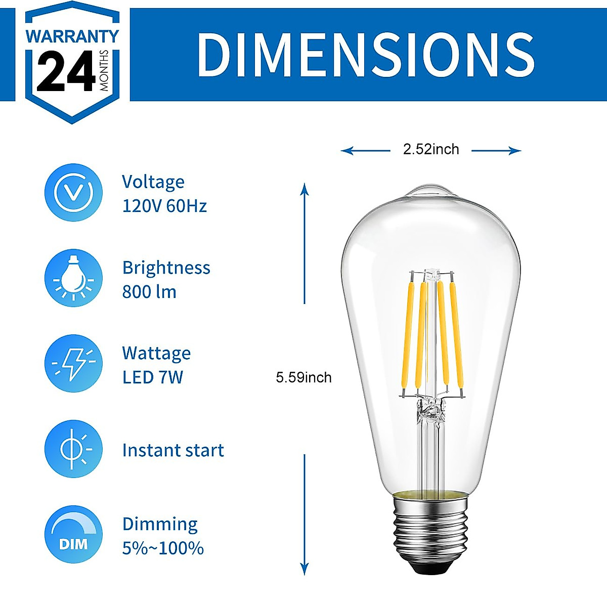 ANWIO ST21 LED Filament Bulb 7W(60 Watt Equivalent) Dimmable 2700K Warm White Vintage Edison Light Bulb E26 Medium Base (6-Pack)