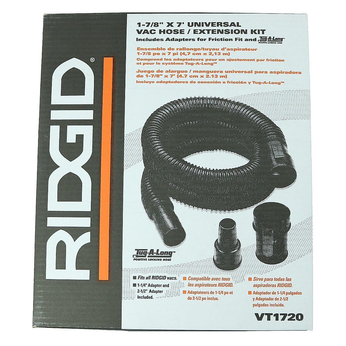 Ridgid Tug-A-Long Genuine OEM 31713 1-7/8 Inch, 7 Foot Vacuum Hose Kit for Wet / Dry Vacuums w/ 1-1/4“ Adapter