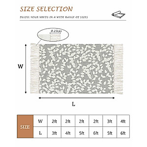 Grey White Botanical Kitchen Runner Rug 2'x4', Washable Woven Cotton Area Rug with Tassels Bathroom Hallway Rug, Pastoral Spring Floral Summer Art Entryway Bedroom Rug Non Slip Throw Rug Carpet