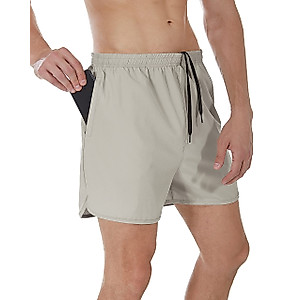 SILKWORLD Men's Running Stretch Quick Dry Shorts with Zipper Pockets(Pack of 3), Black, Army Green, Light Grey, Medium