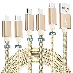 SLuB USB C Cable 5-Pack (3/3/6/6/10FT) Type C Charger Nylon Braided USB Cable, USB A to USB C Charging Cord Fast Charge for Samsung Galaxy S10 S9 S8 /Note10 9 8, LG V30 V20,USB C Charger (Gold)