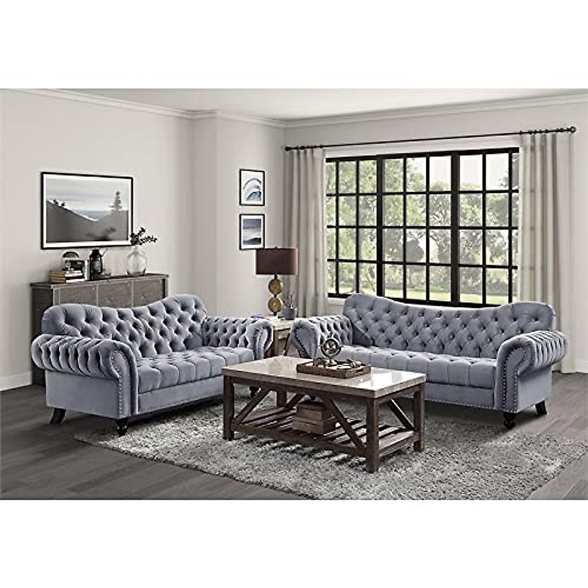Pemberly Row 84" Velvet Roll Arm Sofa with Tufted Nailhead Upholstery, 3 Seater Fabric Couch Furniture for Home Living Room, Dark Gray