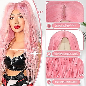 BUPPLER Cosplay Long Pink Wig 28 Inch Middle Part Synthetic Wig Realistic Gifts Party Wigs for Women Daily Use Colorful Wigs (Pink)