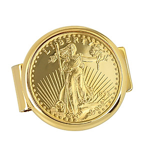 American Coin Treasures Gold Tone Coin Money Clip - Tribute To $20 1933 Saint Gaudens Double Eagle Gold Piece MoneyClip - Holder