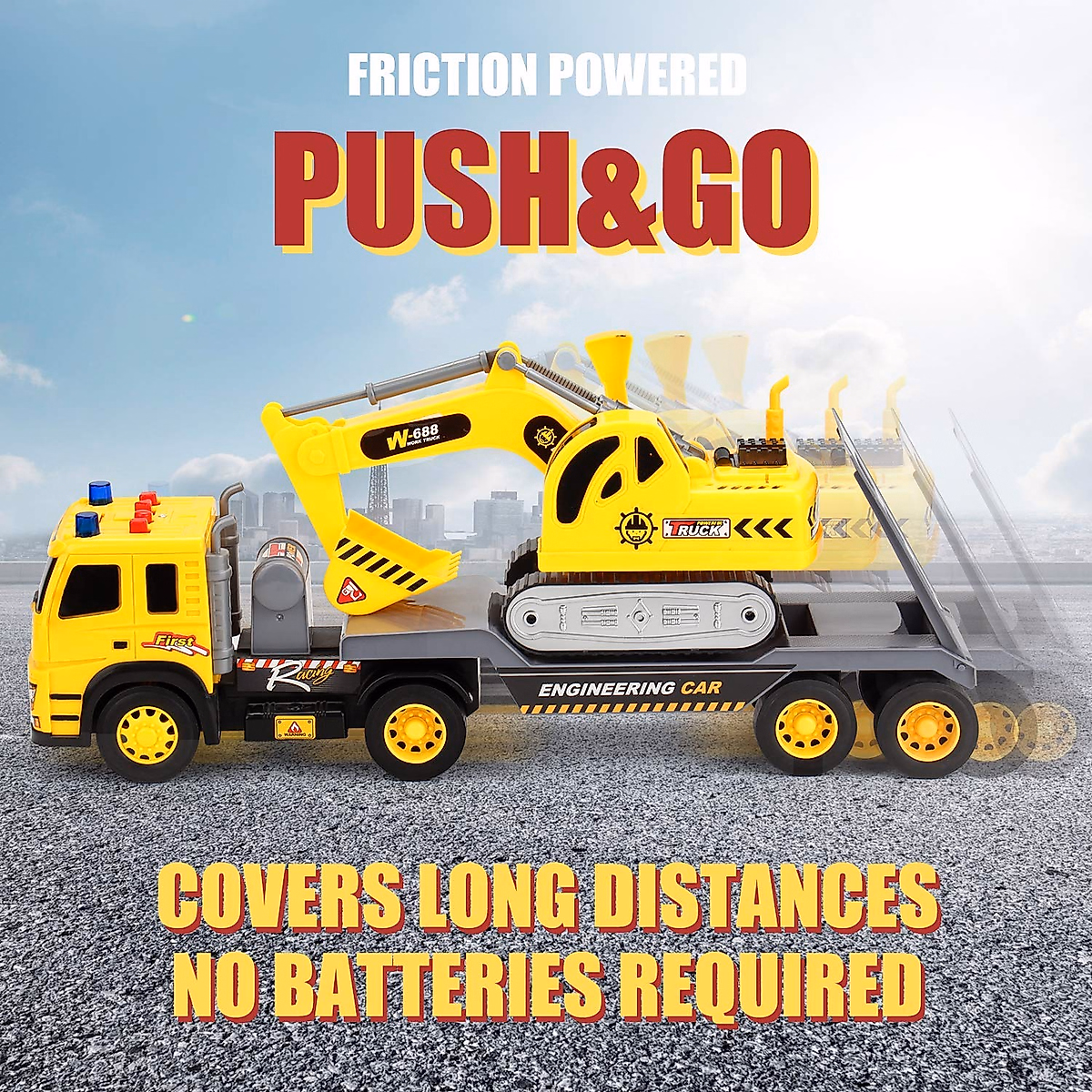 1:12 Scale Push and Go Excavator Flatbed Toy Truck for Kids - With Lights & Sounds