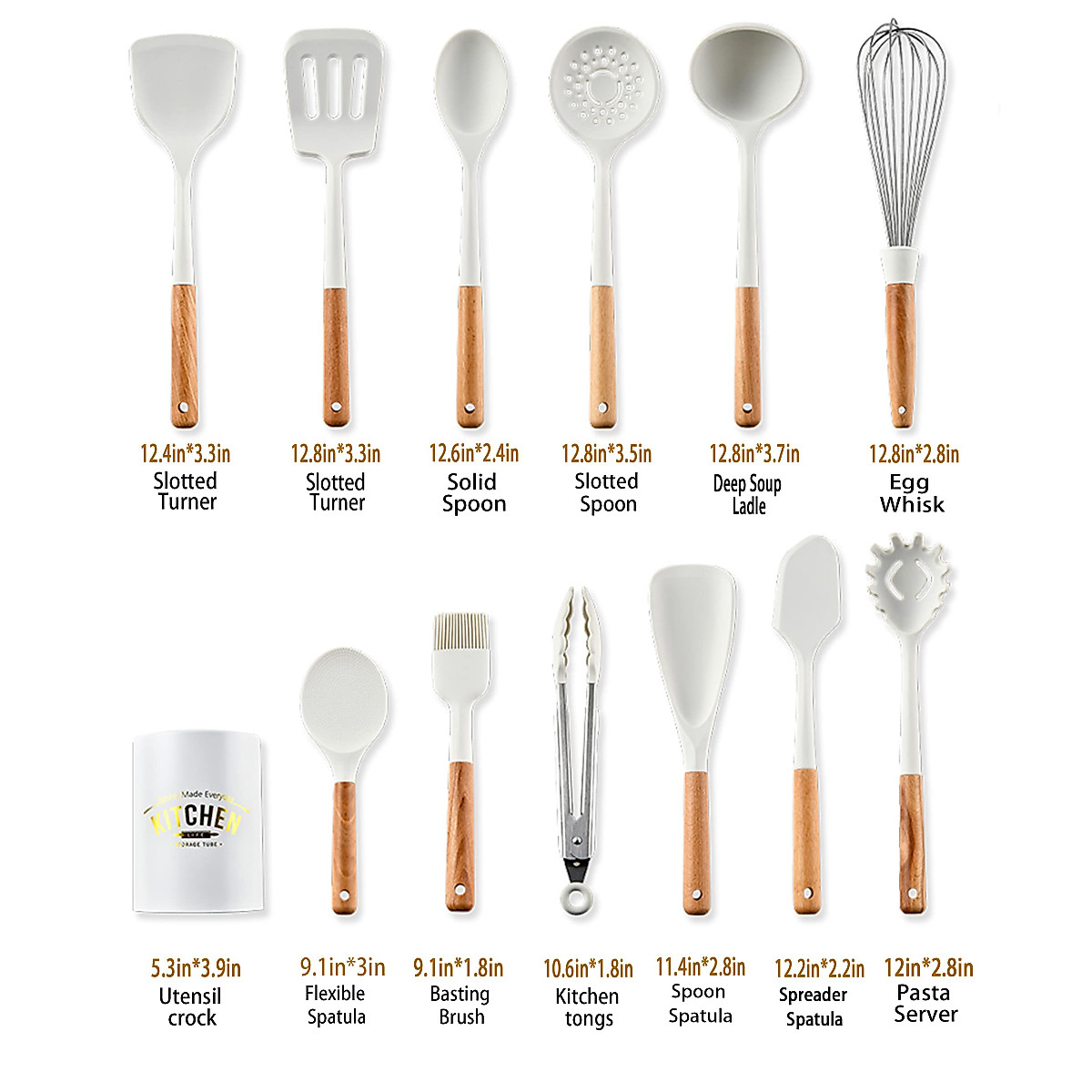 Keidason Silicone Cooking Utensil Set,446°F Heat Resistant 13 Piece Wood Handle For Non-stick Cooking Set (BPA Free) Turner,Tongs,Spatula,Spoon,Brush,Whisk -White