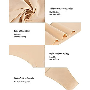 SHARICCA Women Seamless Thong No Show V Shape Strench Underwear Comfortable Invisible Soft Panties 6 Pack (7 Beige-7P08,M)