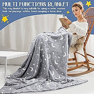 Glow in The Dark Throw Blanket Christmas Birthday Gifts for Kids, Flannel Fleece Blanket Soft Warm Cozy Kids Blanket for Boys Girls, 47 x 59 Inches (Moon, Star,4 Pieces)