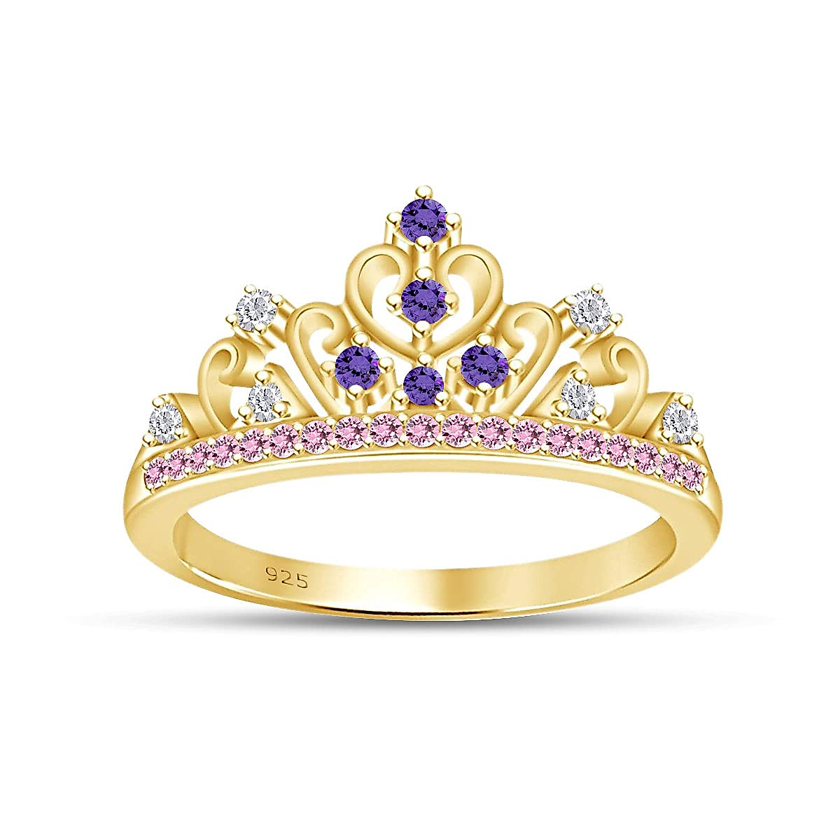 AFFY Round Cut Simulated Multi Stone Rapunzel Princess Style Engagement Wedding Crown Ring in 14k Yellow Gold Over Sterling Silver with Ring Size 7