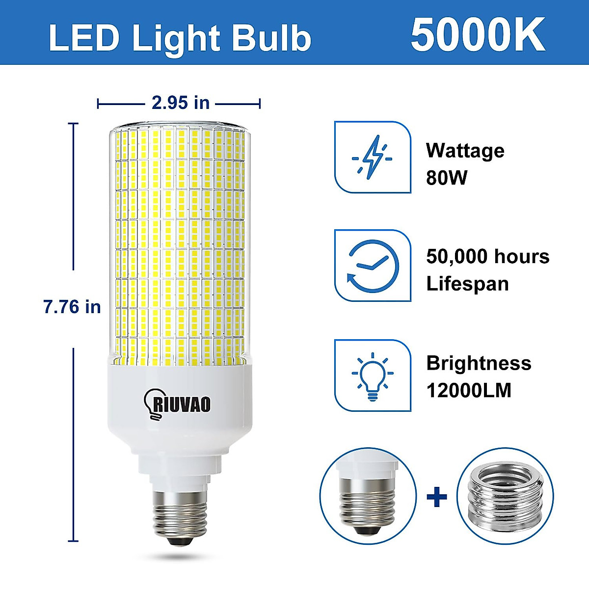 RIUVAO Led Corn Light Bulb 2 Pack,800W Equivalent 5000K Daylight 12000Lm Super Bright E26/E39 Base 80W Led Corn Bulbs,Replace Metal Halide HID CFL Led Bulb for Outdoor Indoor Area