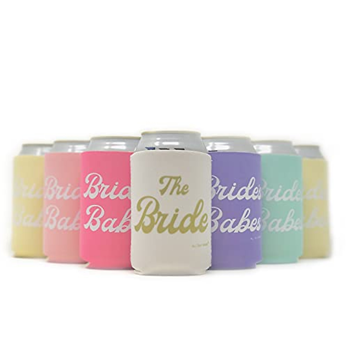 BRIDE'S BABES Bachelorette Party Can Sleeves - 11 Pack Insulated Neoprene Drink Holders for Regular Cans Bottles | Decorations, Supplies & Favors (Retro Rainbow)