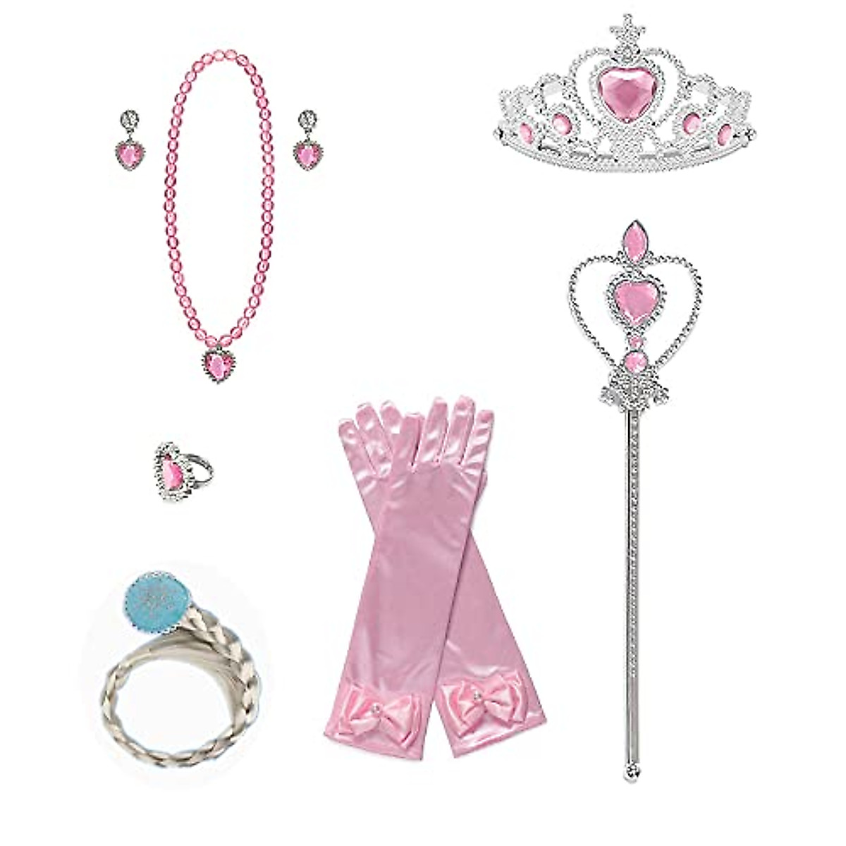 COMMINY Princess Cape Set Princess Dress Up Birthday Party Accessories Pink Cloak with Tiara Crown Mace Wig Gloves Necklace Presents for Kids Little Girls