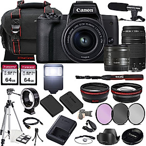 Canon EOS M50 Mark II Mirrorless Camera w/EF-M 15-45mm f/3.5-6.3 is STM Lens + EF 75-300mm f/4-5.6 III Lens + 2X 64GB Memory + Microphone + Filters + Tripod + More (35pc Bundle) (Renewed)