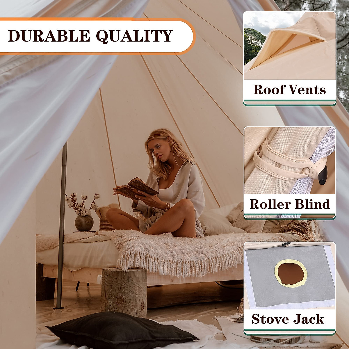 LETKIND Canvas Tent with Stove Jack, 4 Season Waterproof Camping Tent 4/6 Person Luxury Outdoor Glamping Yurt for Camping, Cotton Bell Tent for Winter Camping for Hunting Party