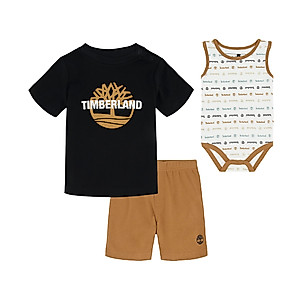 Timberland Baby Boys 3 Pieces Tee, Bodysuits Short And Toddler Layette Set, Deep Black, 3-6 Months US