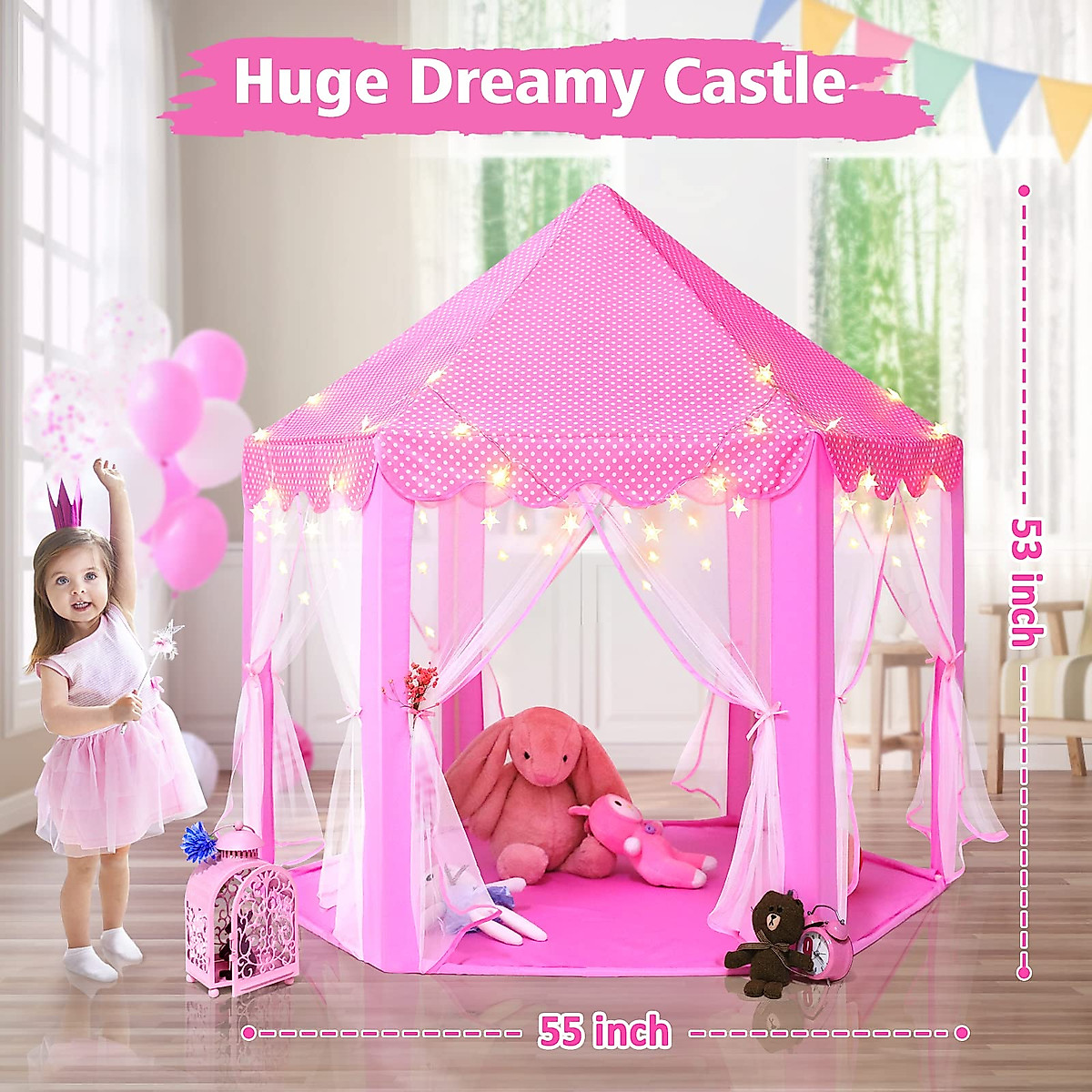 Monobeach Princess Tent Girls Large Playhouse Kids Castle Play Tent with Star Lights Toy for Children Indoor and Outdoor Games, 55'' x 53'' (DxH)
