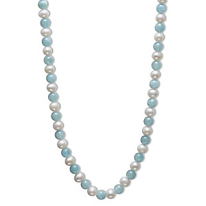 Sterling Silver Cultured Freshwater Pearl and Natural Aquamarine Gemstone Strand Necklace, 18"