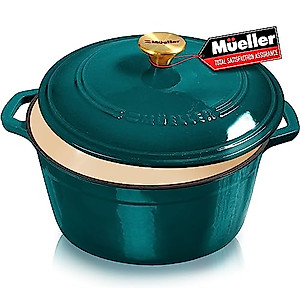 Mueller DuraCast 6 Quart Enameled Cast Iron Dutch Oven Pot with Lid, Heavy-Duty, Braiser Pan, Stainless Steel Knob, for Bread Baking, Braising, Stews, Roasting, Safe across All Cooktops, Emerald
