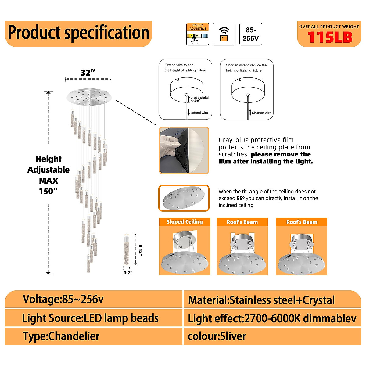 IDEQUY Large Crystal Chandeliers for High Ceilings 32-Lights Silver 150in Spiral Crystal Column Chandelier for Foyer Entryway LED Dimmable 3000K-6000K