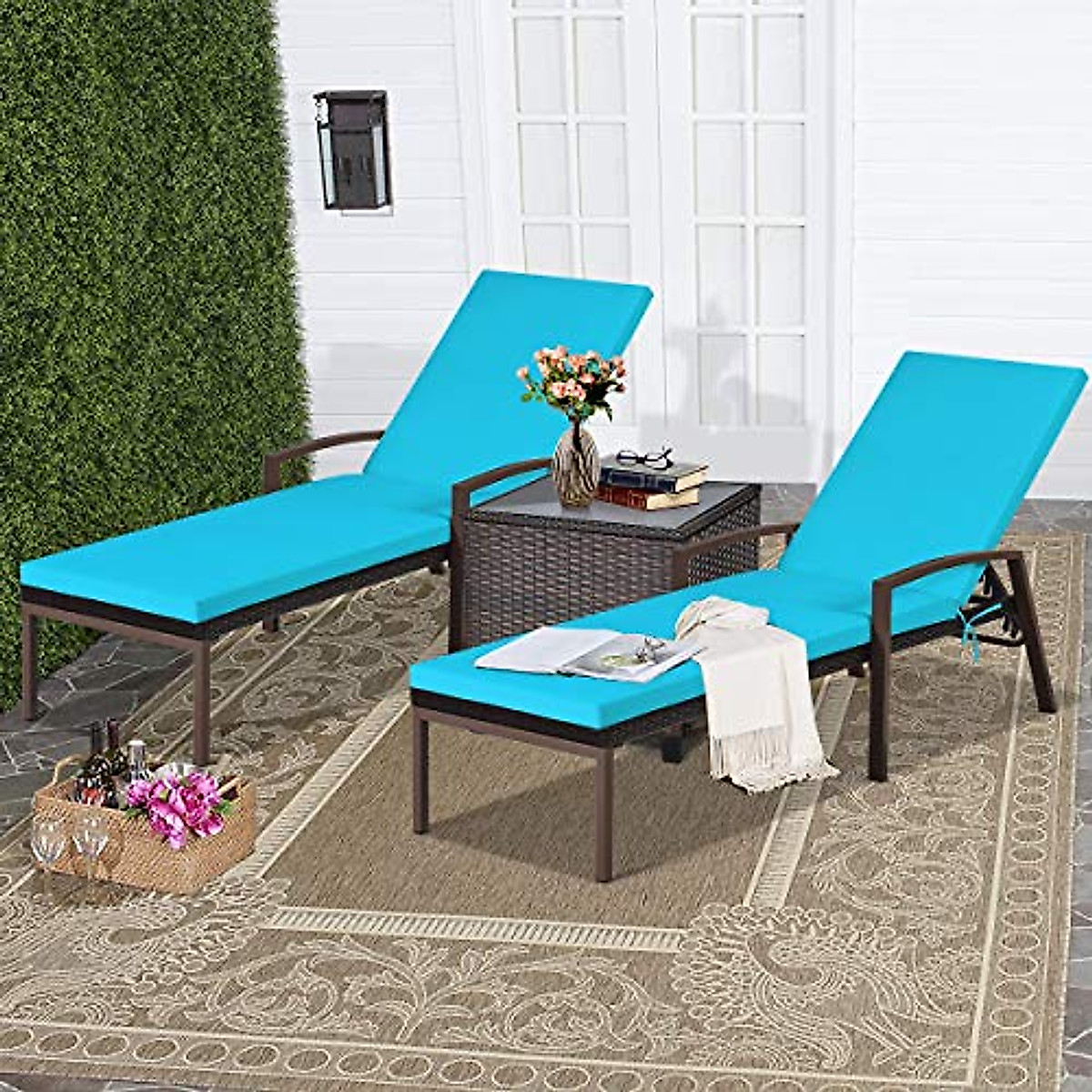 Tangkula 2 PCS Patio Rattan Chaise Lounge Chair, Outdoor Reclining Chaise with Cushion and Armrest, Wicker Sun Lounger with Adjustable Backrest for Garden, Balcony, Poolside (Turquoise)