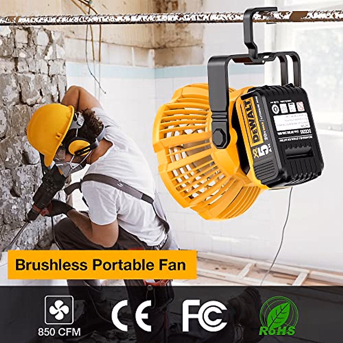 Portable Camping Fan with 9W LED Lantern, Powered by Dewalt 20V Li-ion Battery, Battery Operated Fan Ceiling Tent Fan with Hook, 180°Head Rotation Outdoor Rechargeable Fan for Hiking, Fishing, Travel