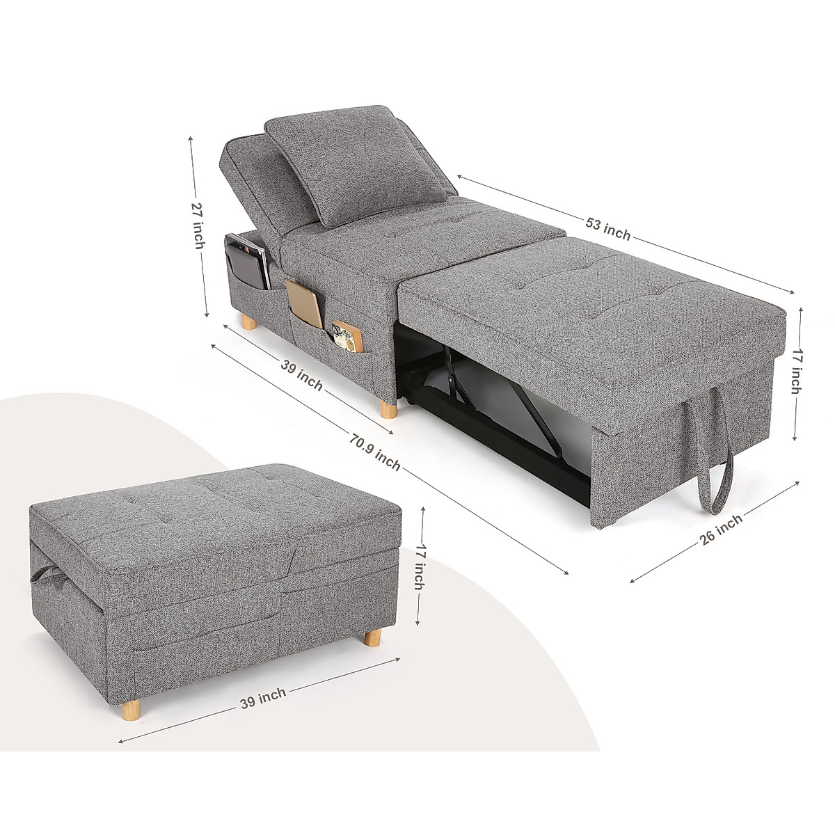 SEJOV Convertible Sofa Bed, 4-in-1 Sleeper Sofa Chair Bed with 6 Adjustable Backrest and Pillow,3-Seat Folding Ottoman Couch Bed Linen for Bedroom Small Space Living Room Office, Grey
