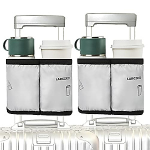 LARGERED Luggage Cup Holder for Suitcases, Travel Must Haves Travel Cup Holders Free Hand Drink Caddy, Travel Accessories Gifts for Flight Attendants, Fits Roll on Suitcase Handles 2 Packs (Silver)