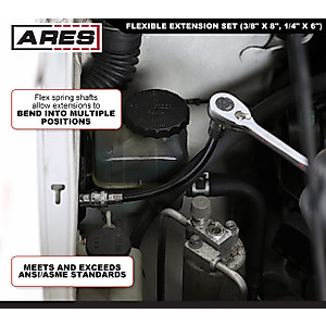 ARES 42071 – 2-Piece Flexible Socket Extension Set – 1/4-Inch and 3/8-Inch Drive Extensions – 6-Inch and 8-Inch Extensions with Flexible Shafts – Spring-Loaded Detent Balls to Prevent Slipping