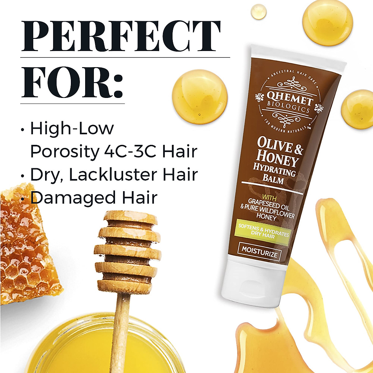 Qhemet Biologics Olive & Honey Hydrating Balm - Moisturizing Hair Balm for Smooth, Soft, Supple Hair - Leave In for Long-Lasting Hydration - Combats Dryness Instantly (4 oz)