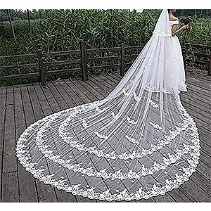 Weddings Veils 2 Tier Long Cathedral Length Lace Appliques Flowers Bridal Veil with Comb White Ivory