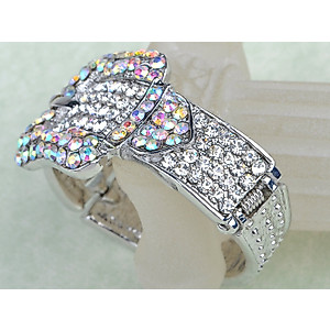 Alilang Silvery Tone Iridescent Clear Crystal Colored Rhinestones Belt Buckle Cuff Bracelet