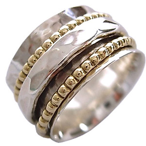 ENERGY STONE Clarity Sterling Silver Meditation Spinner Ring with Brass and Silver Spinners on Hammered Pattern Base Ring (Style US01)(8)