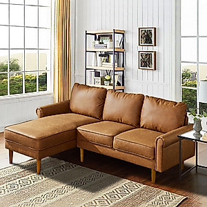 POUUIN 81" Small Sectional Sofa Couches for Living Room,Mid-Century Modern L-Shape Sofa Couch with Chaise,Faux Leather Comfy Chaise Sofa for Office Apartment Small Space,Brown
