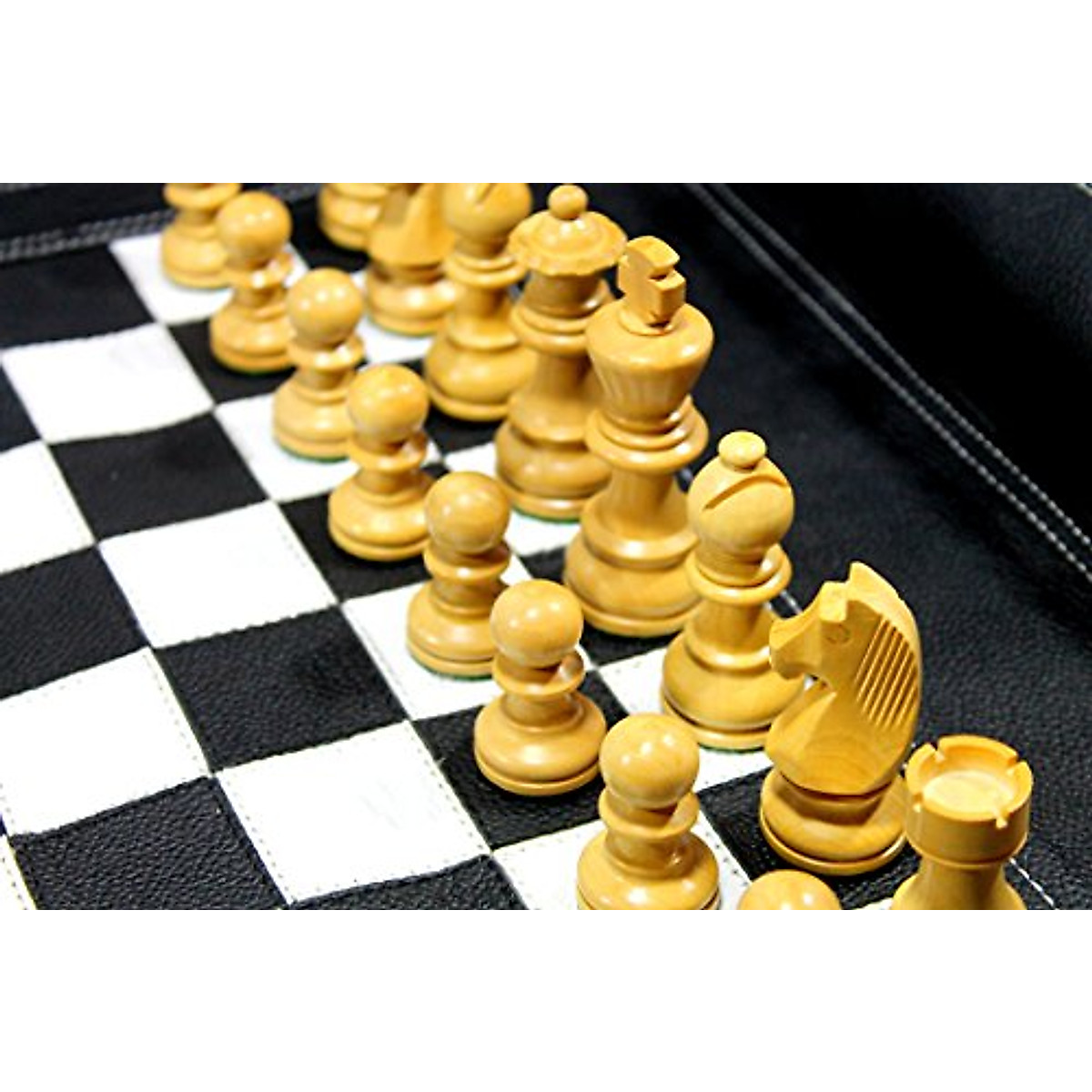StonKraft - 19" x 15" (Playing Area 12" x 12") Genuine Roll-Up Leather Chess Set - with Wooden Chess Pieces - Black Colour | Comes with Innovative Carry Pouch