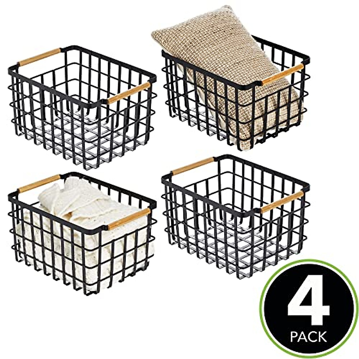 mDesign Metal Wire Closet Storage Basket Bin Organizer with Wood Handles for Bedroom, Bathroom, Mudroom, Entryway, Hallway, or Linen Closet Organization - Yami Collection - 4 Pack, Matte Black/Natural
