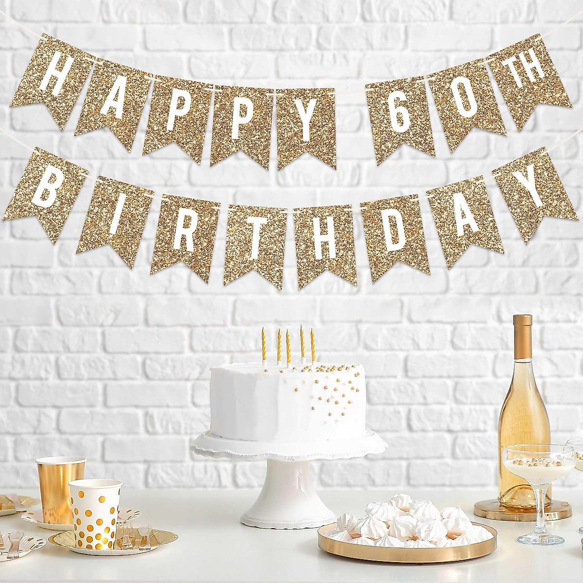 Pre-Strung Happy 60th Birthday Banner - NO DIY - Gold Glitter 60th Birthday Party Banner For Men & Women - Pre-Strung Garland on 6 ft Strands - Gold Birthday Party Decorations & Decor. Did we mention