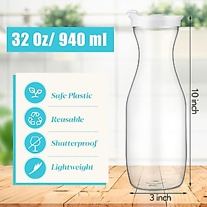 Gejoy 24 Pcs Plastic Carafe with Lids Plastic Juice Pitcher Carafes Clear Plastic Water Beverage Pitchers Smoothie Drink Containers for Bar Mimosa Milk Iced Tea Restaurants Schools Fridge Party, 32 oz